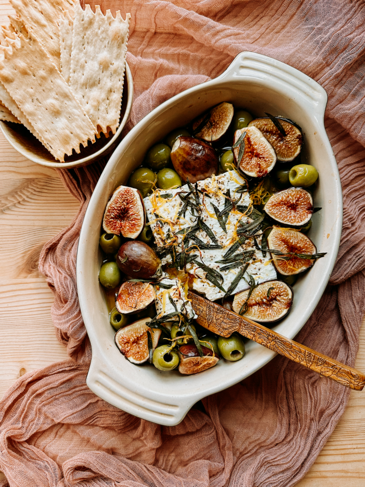 Baked Feta with Green Olives and Figs - Whip & Wander