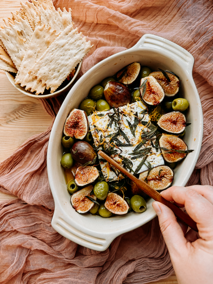 Baked Feta with Green Olives and Figs - Whip & Wander
