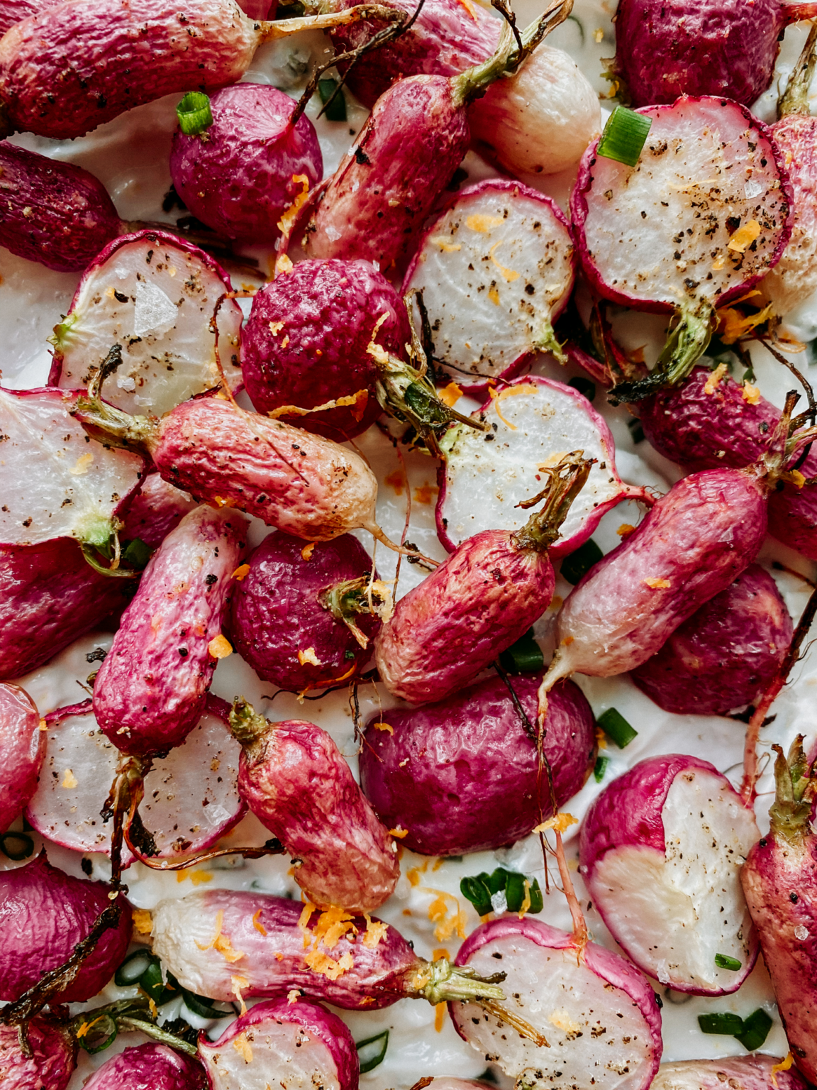 Roasted Radishes with Garlic Chive Yogurt - Whip & Wander