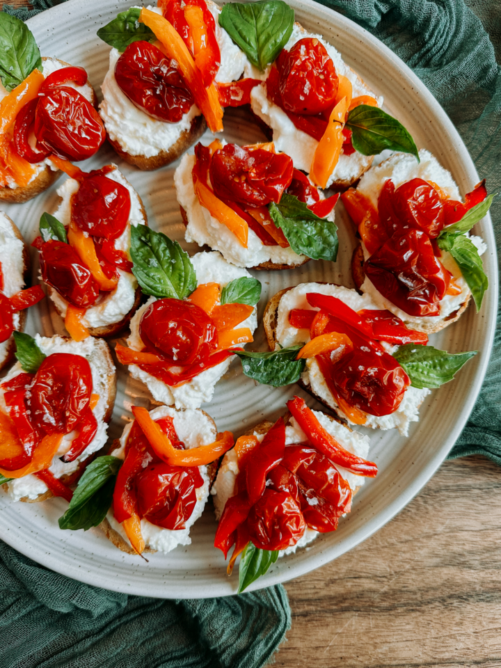 Roasted Pepper and Tomato Crostini with Whipped Feta - Whip & Wander